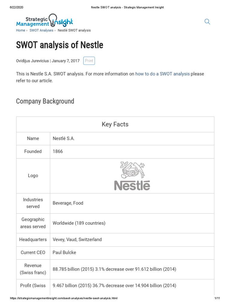 Nestle SWOT Analysis - Strategic Management Insight | PDF | Nestlé | Foods