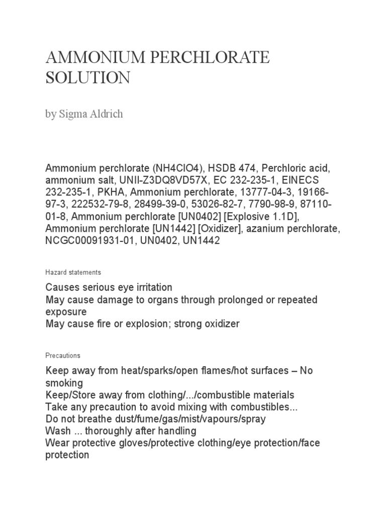 Ammonium Perchlorate Solution: by Sigma Aldrich | PDF | Perchlorate | Fires