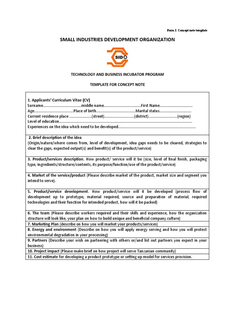 Small Industries Development Organization: Form I. Concept Note ...