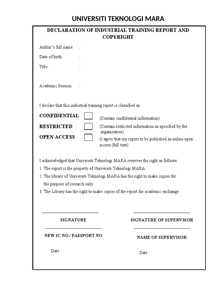 Declaration of Industrial Training Report and Copyright | PDF