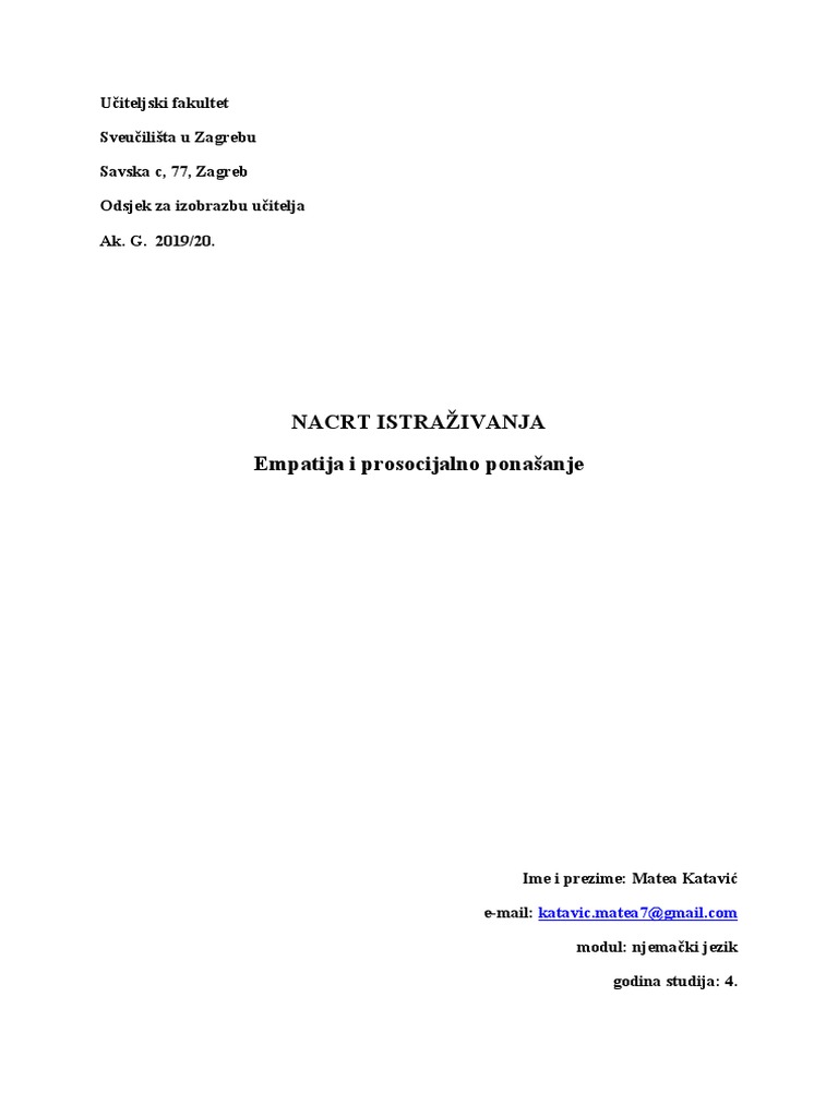 Nacrt Istraživanja - Matea Katavic | PDF