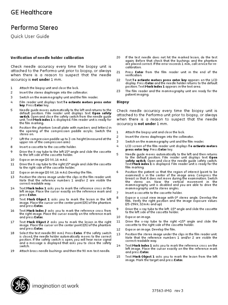 Performa Stereo Quick User Guide | PDF | Mammography | Biopsy
