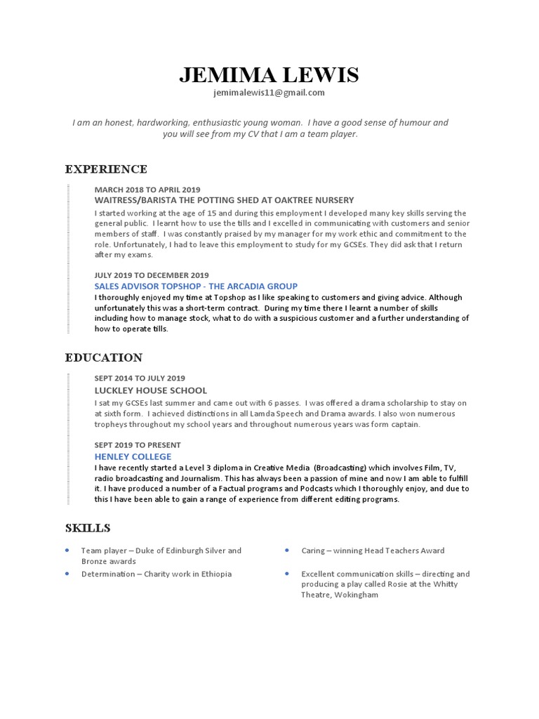 Jemima Lewis CV - College 1 | PDF | Communication