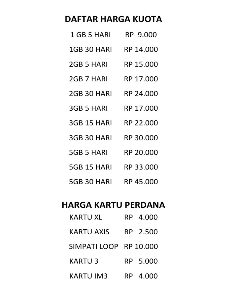 Daftar Harga Kuota | PDF