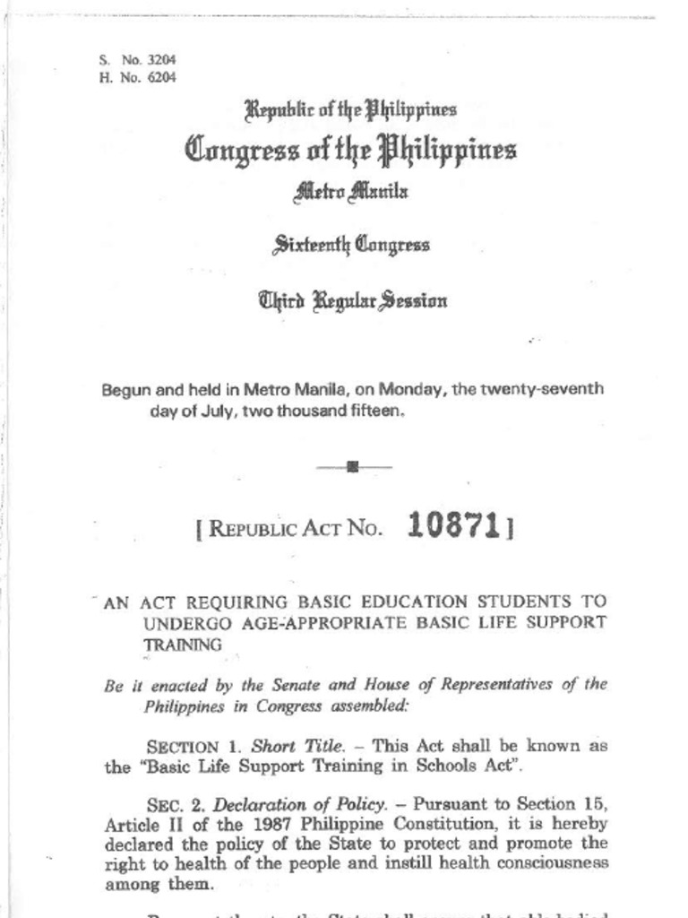 Basic Life Support Training in Schools RA-10871 | PDF