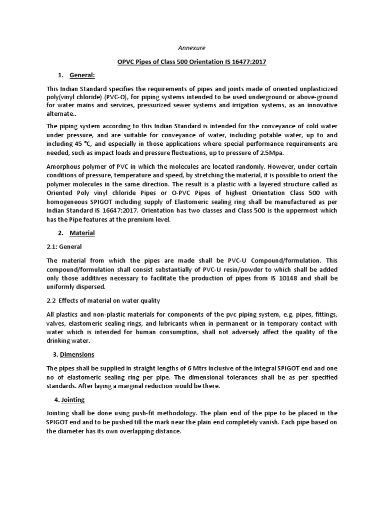 OPVC Pipes of Class 500 Orientation IS 16477:2017 1. General | PDF ...