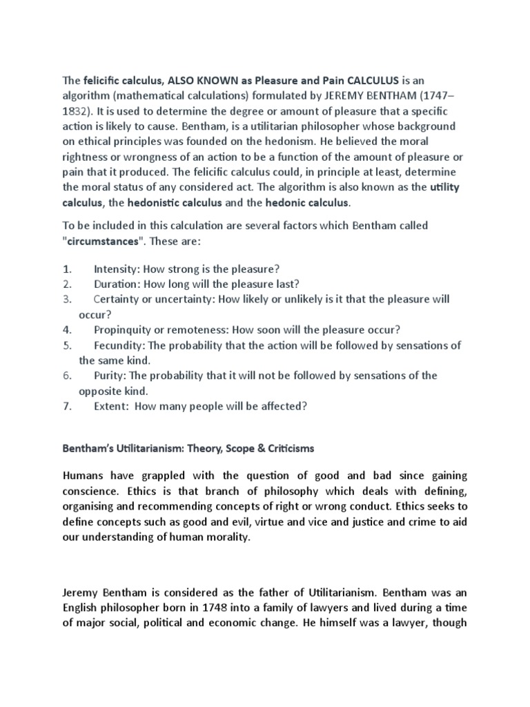 Calculus, The Hedonistic Calculus and The Hedonic Calculus.: Bentham's ...