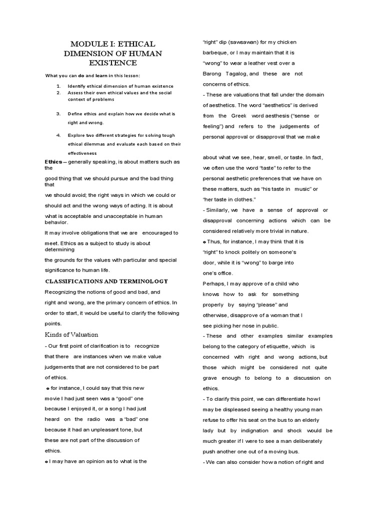 Module I: Ethical Dimension of Human Existence | PDF | Value (Ethics) | Morality