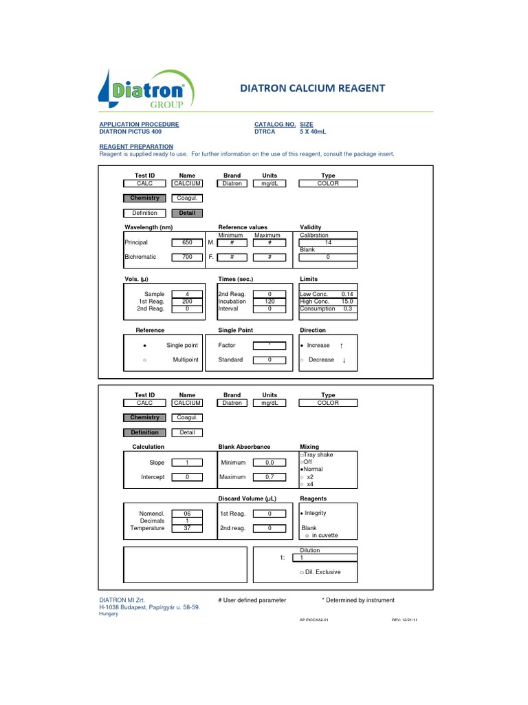 Diatron Calcium Reagent: Application Procedure Catalog No. Size Diatron ...