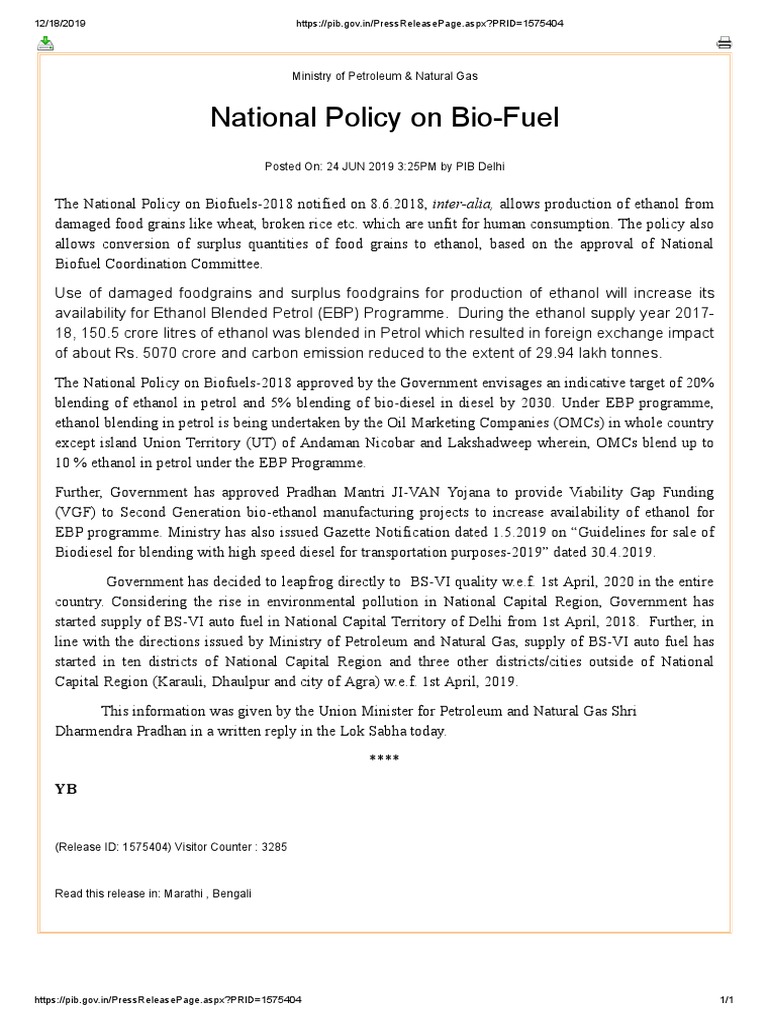 National Policy On Bio-Fuel: Ministry of Petroleum & Natural Gas ...