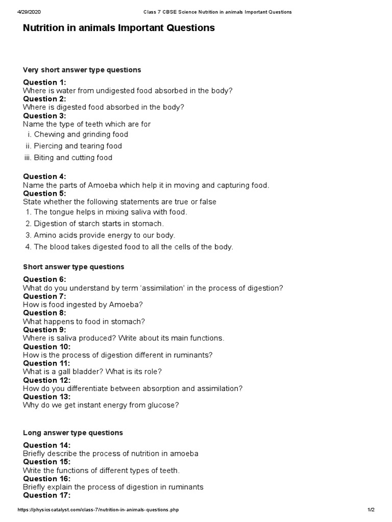 Class 7 CBSE Science Nutrition in Animals Important Questions | PDF ...