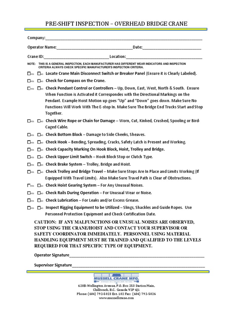 Overhead Crane Pre-Shift Inspection Checklist | PDF | Crane (Machine ...