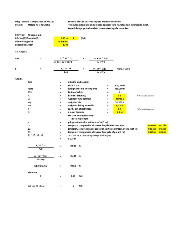 Hiley Formula For Driven Pile Temp Comp XLSX Setting Translate | PDF ...
