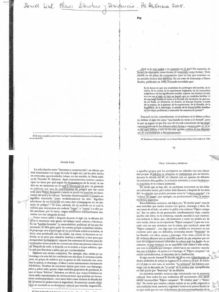 Link, Daniel, Pop en Clases, Literatura y Disidencia PDF | PDF