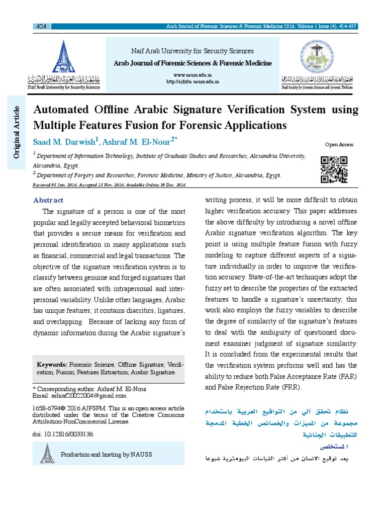 Automated Offline Arabic Signature Verification Sy PDF | PDF | Fuzzy Logic | Biometrics