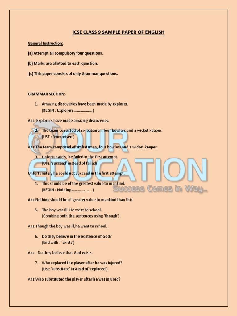 Class 9 ICSE English Grammar Sample Paper | PDF | Cricket | Ball And ...