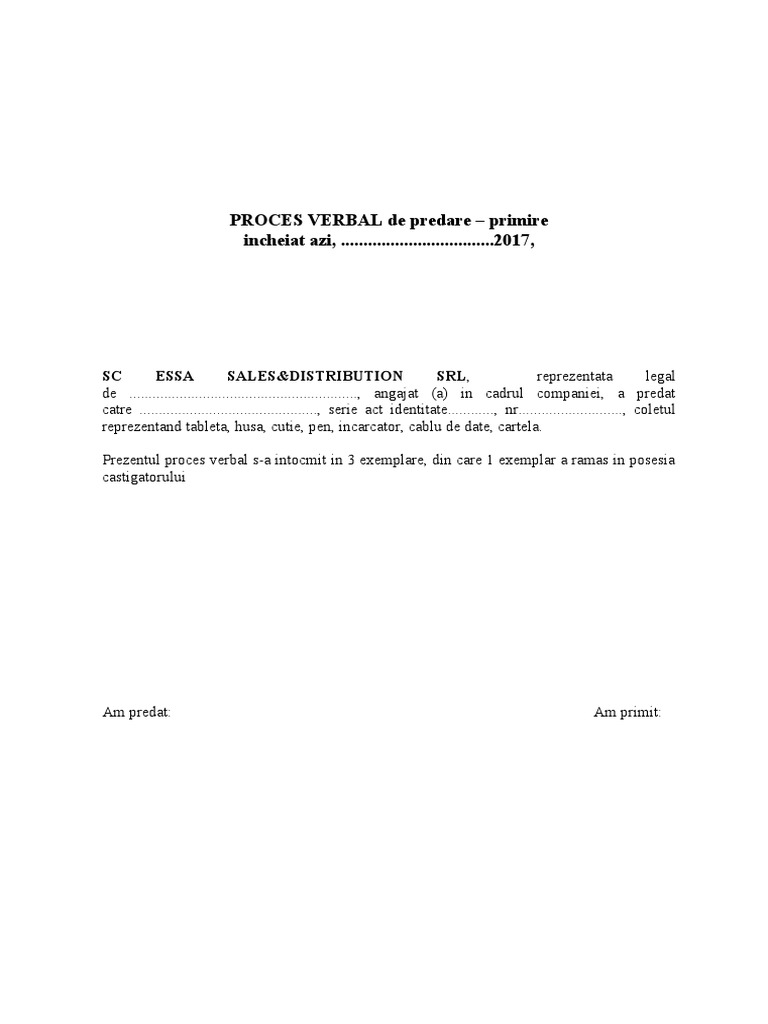 Proces Verbal de Predare Model | PDF