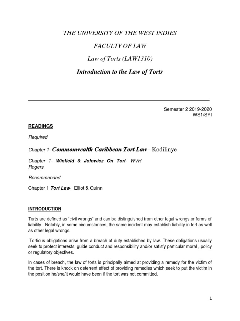 Worksheet 1 - Introduction To The Law of Torts | PDF | Tort | Negligence