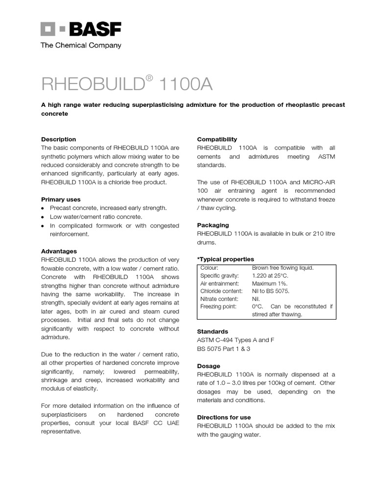 TDS - Rheobuild 1100A | PDF | Concrete | Cement