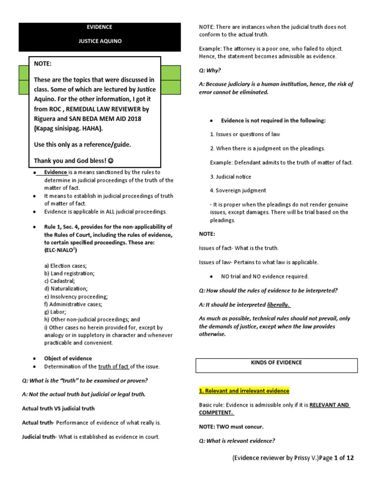 EVIDENCE - Reviewer | PDF | Burden Of Proof (Law) | Judicial Notice