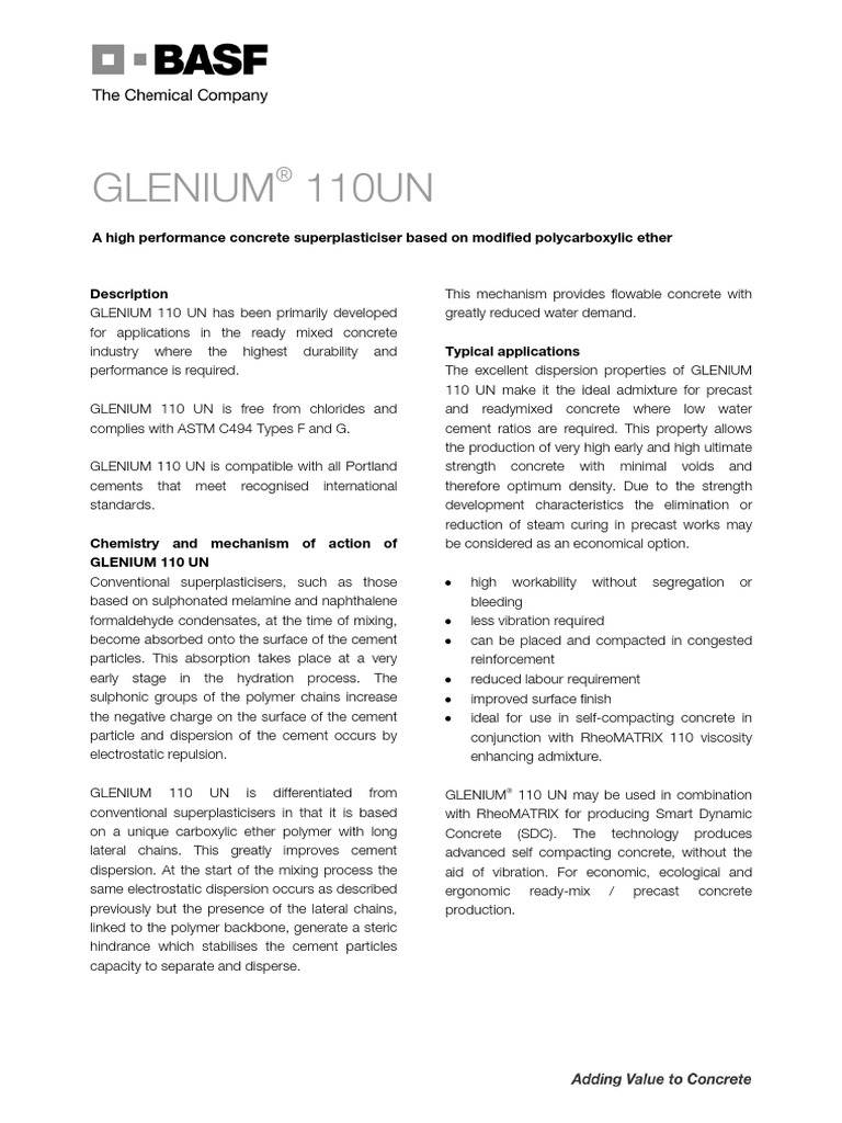 TDS - Glenium 110 UN PDF | Download Free PDF | Concrete | Cement