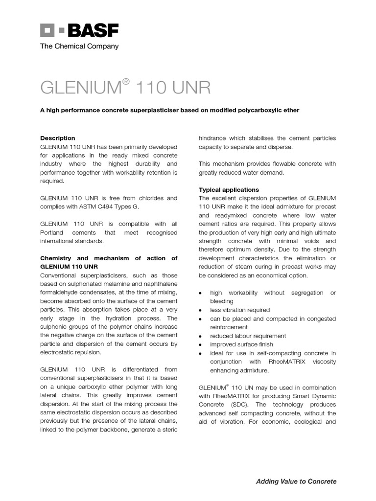 TDS - Glenium 110 UNR | PDF | Concrete | Cement