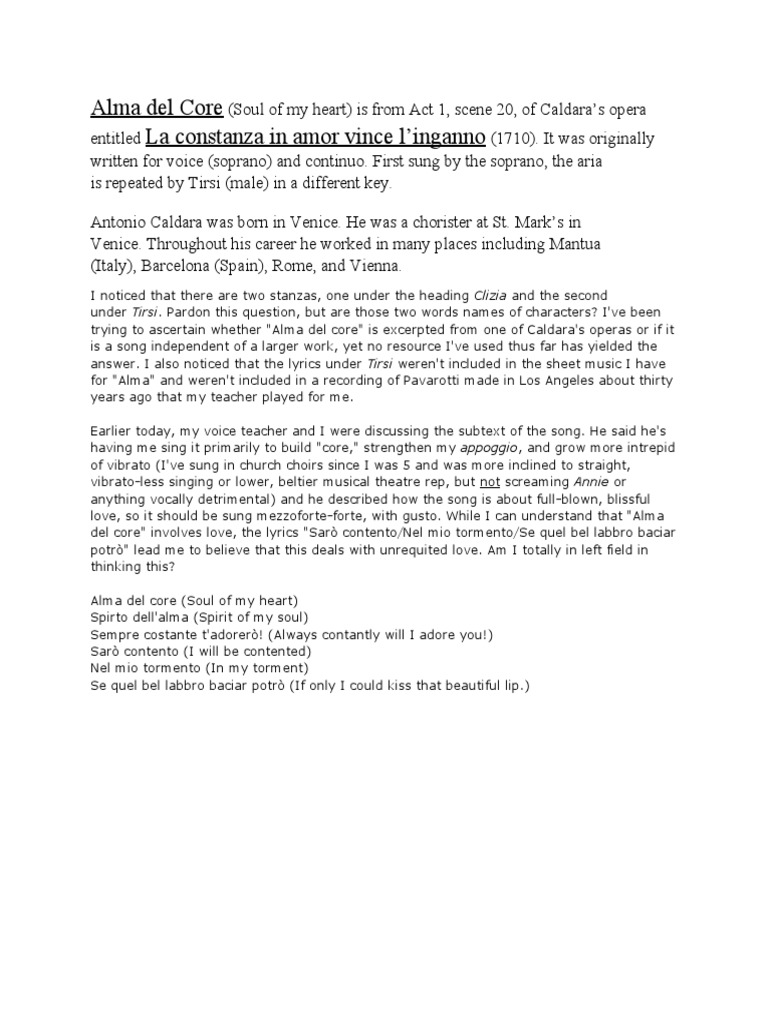 Analysis of Antonio Caldara's Aria 'Alma del Core' from the Opera 'La ...