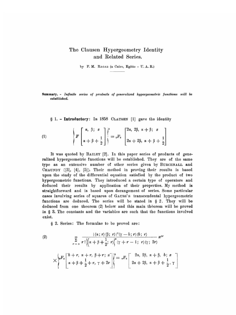 Clausen Hypergeometry Identity | PDF | Function (Mathematics ...