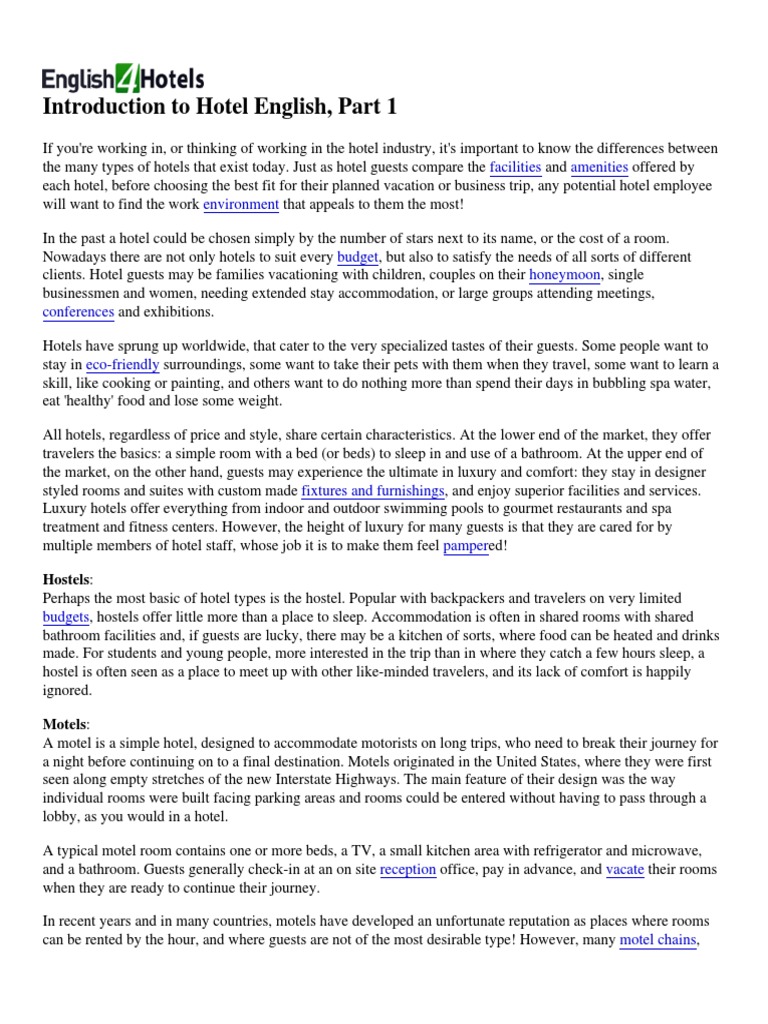 Unit Introduction To Hotel English, Part 1 Reading | PDF | Motel | Hotel