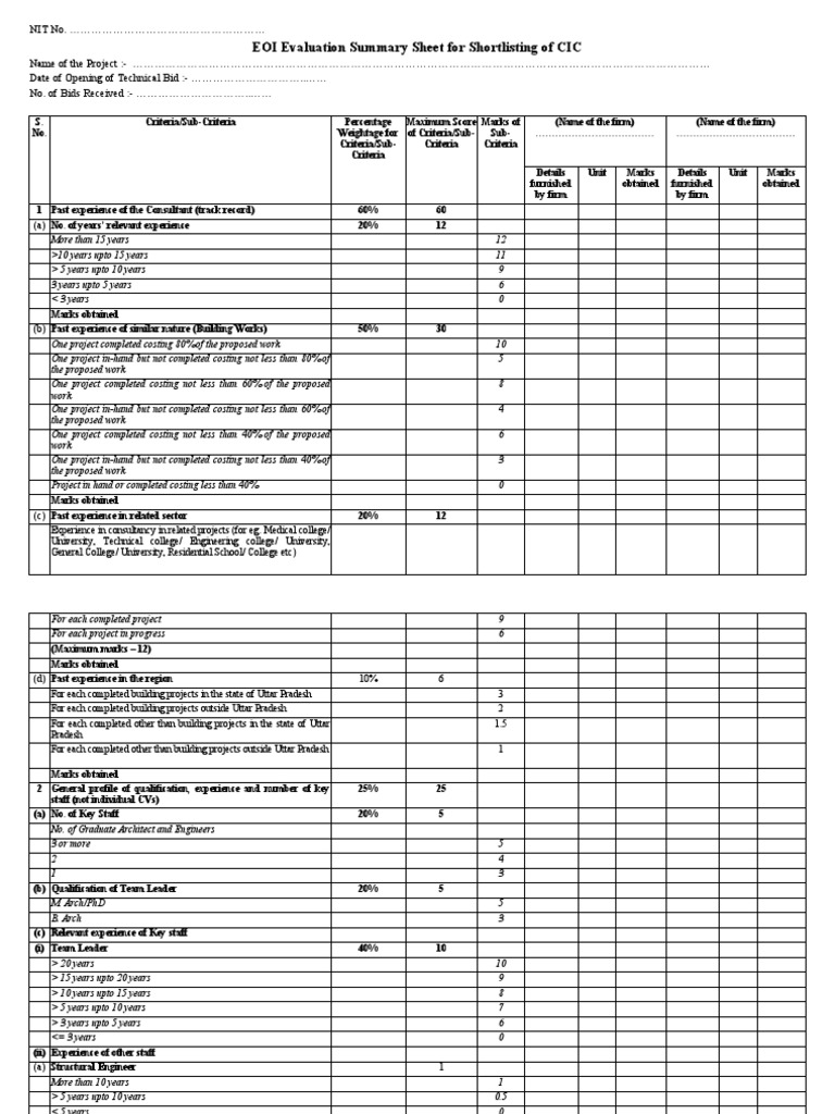 EOI Evaluation Summary Sheet For Shortlisting of CIC | PDF ...