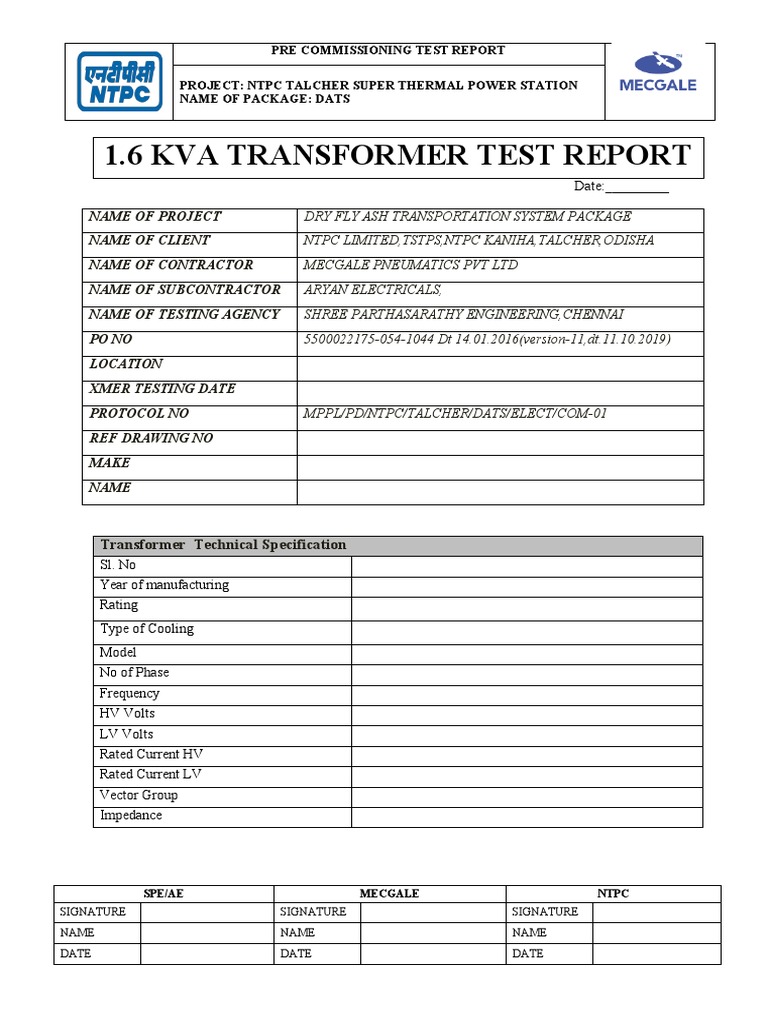 1.6 Kva Transformer Testing Report | PDF | Transformer | Manufactured Goods