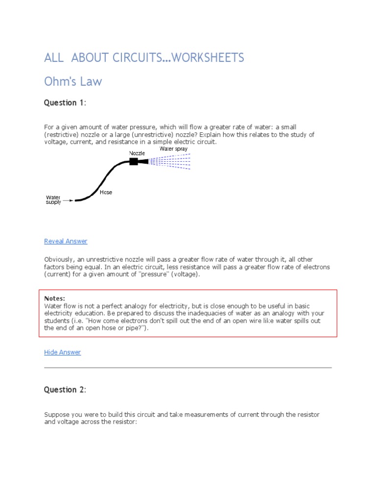 All About Circuits Worksheets Ohm's Law: Reveal Answer | PDF | Volt ...