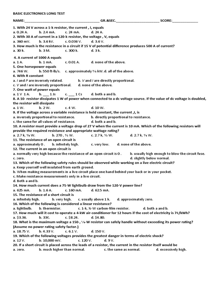 Basic Electronics Test | PDF | Electrical Resistance And Conductance ...