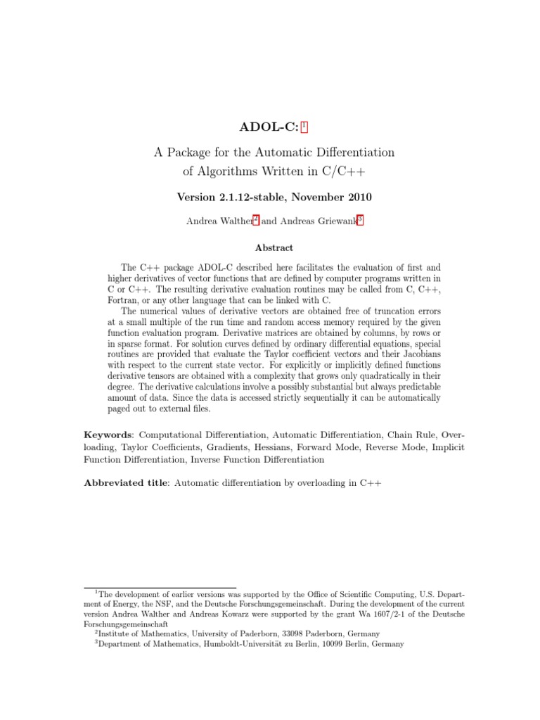 Adol C A Package For The Automatic Differentiation Of Algorithms Written In C C Pdf