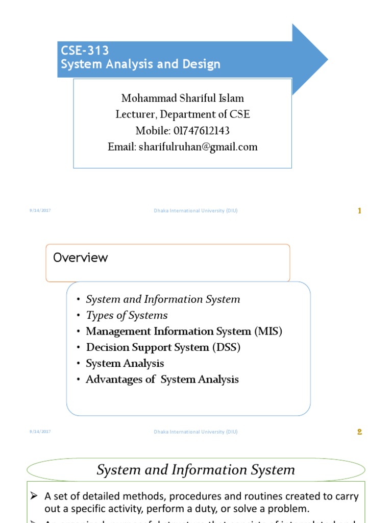 CSE-313 System Analysis and Design: Mohammad Shariful Islam Lecturer, Department of CSE Mobile ...