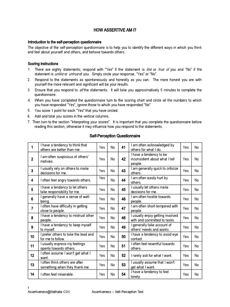 Assertiveness - Self Perception Test - With Answers | PDF | Self Esteem ... Assertiveness - Self Perception Test - With Answers | PDF | Self Esteem ...