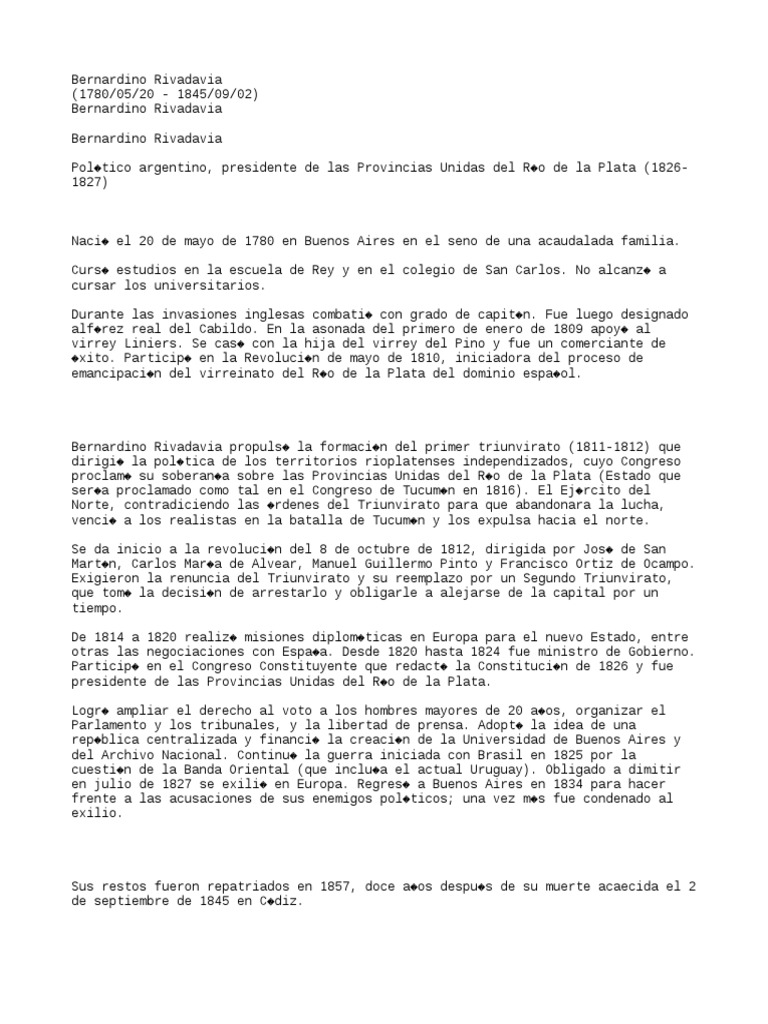 Biografia de Bernardino Rivadavia | PDF | América del Sur | Argentina