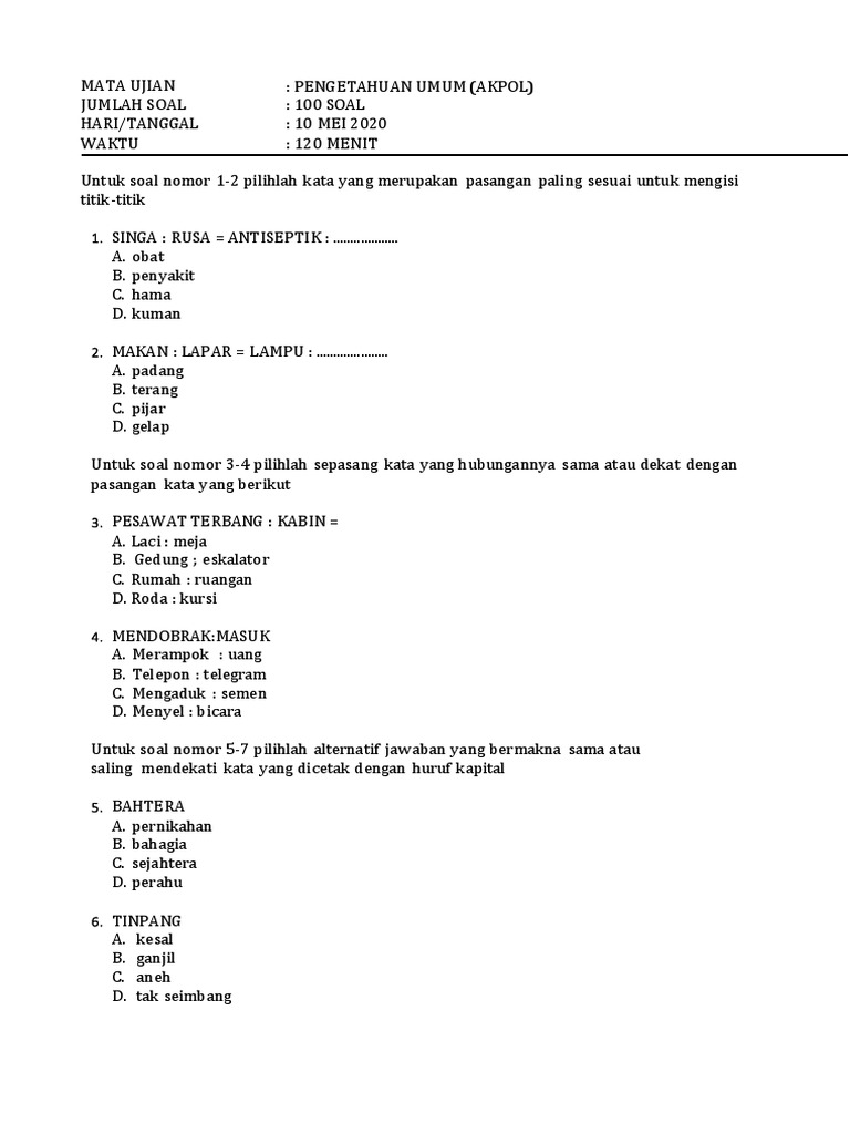 100 Soal Pengetahuan Umum Akpol 1 | PDF