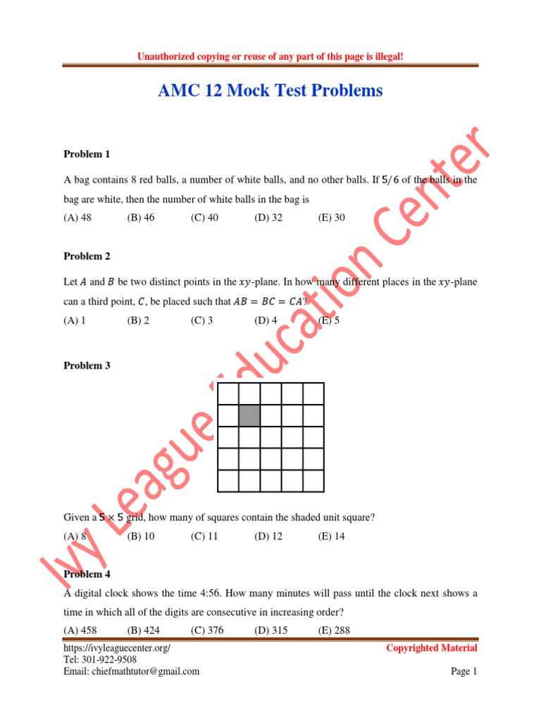 AMC 12 Mock Test Problems: Problem 1 | PDF | Sphere | Sequence