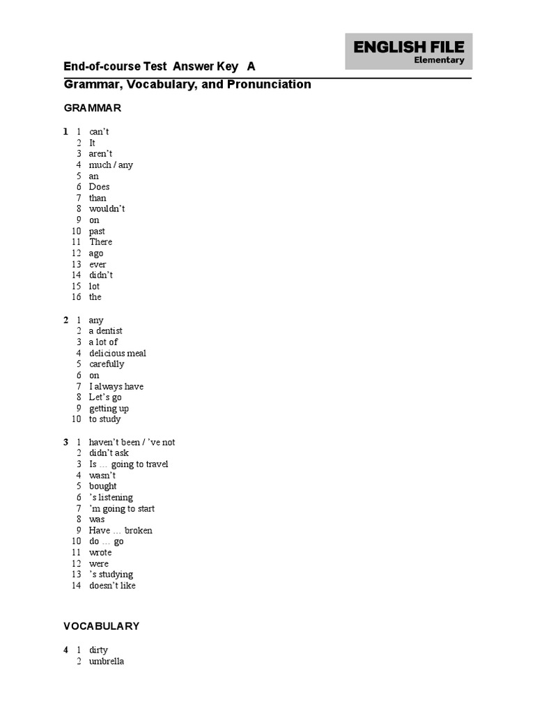 End-Of-Course Test Answer Key A Grammar, Vocabulary, and Pronunciation ...