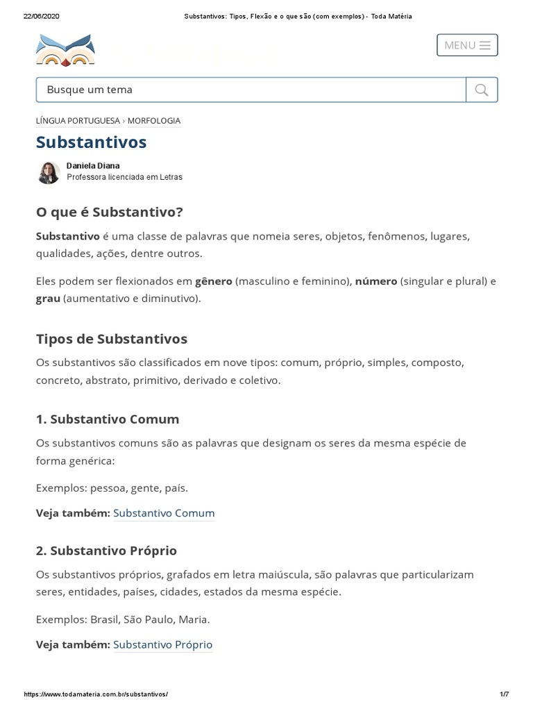 Substantivos - Tipos, Flexão e o Que São (Com Exemplos) - Toda Matéria ...