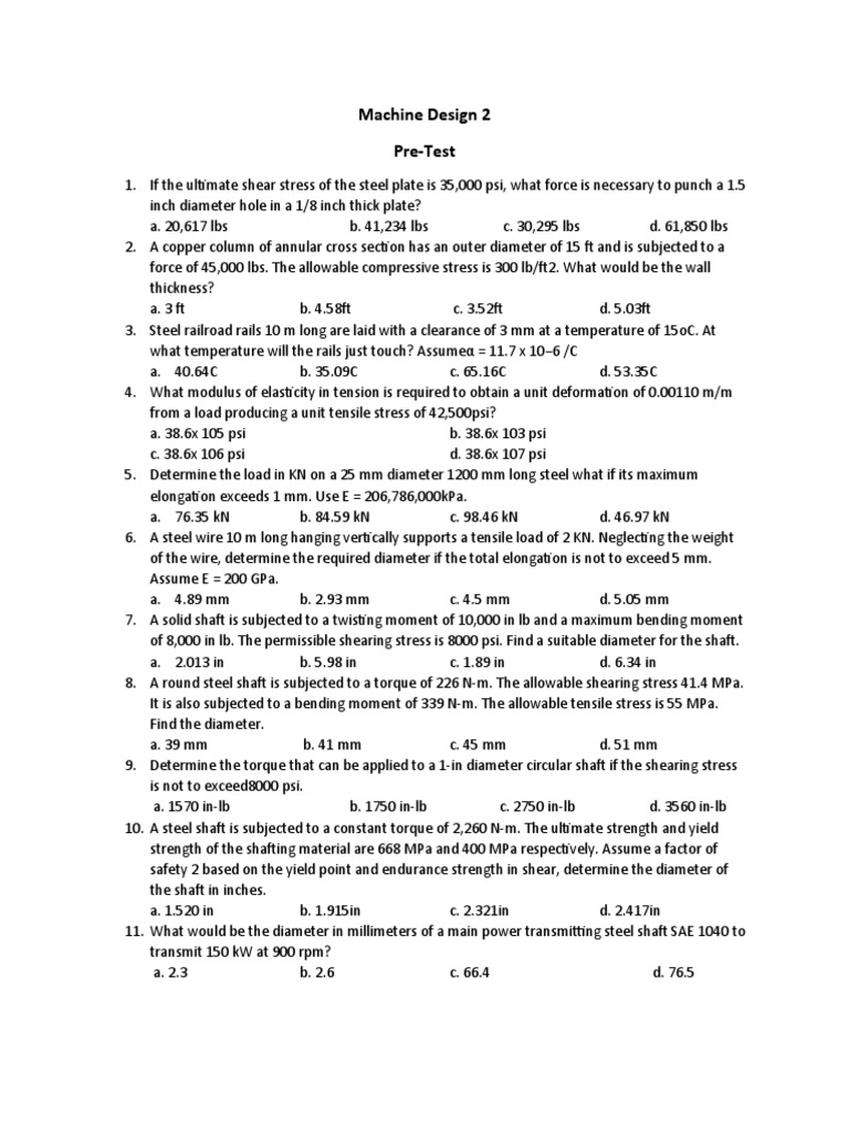 Machine Design 2 Pre-Test | PDF | Strength Of Materials | Stress ...