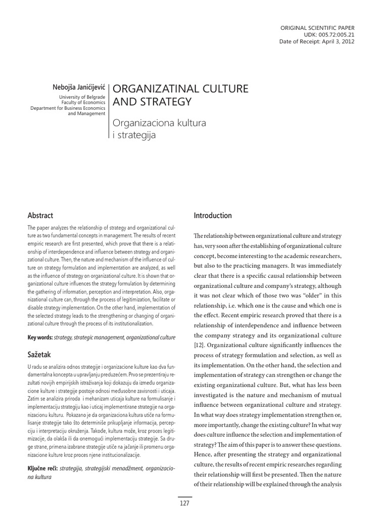 Organizational Culture and Strategy: Analyzing the Relationship and ...