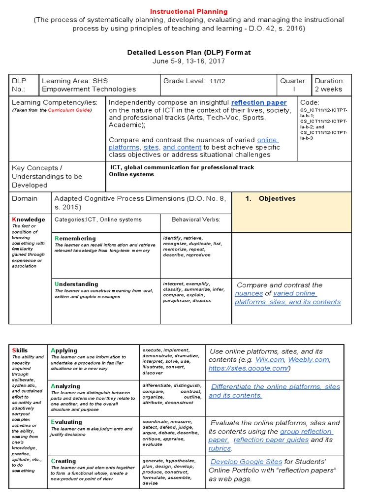 Detailed Lesson Plan (DLP) Format: Online Platforms Sites and Content ...