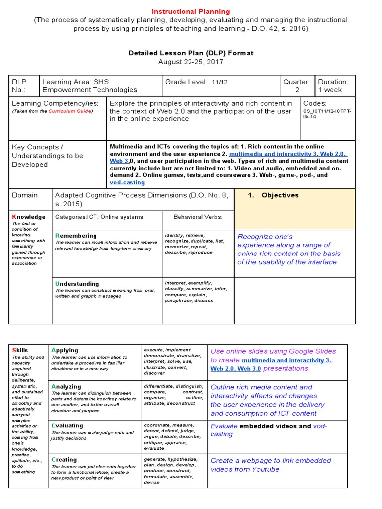 Detailed Lesson Plan (DLP) Format: Multimedia and Interactivity 3. Web ...