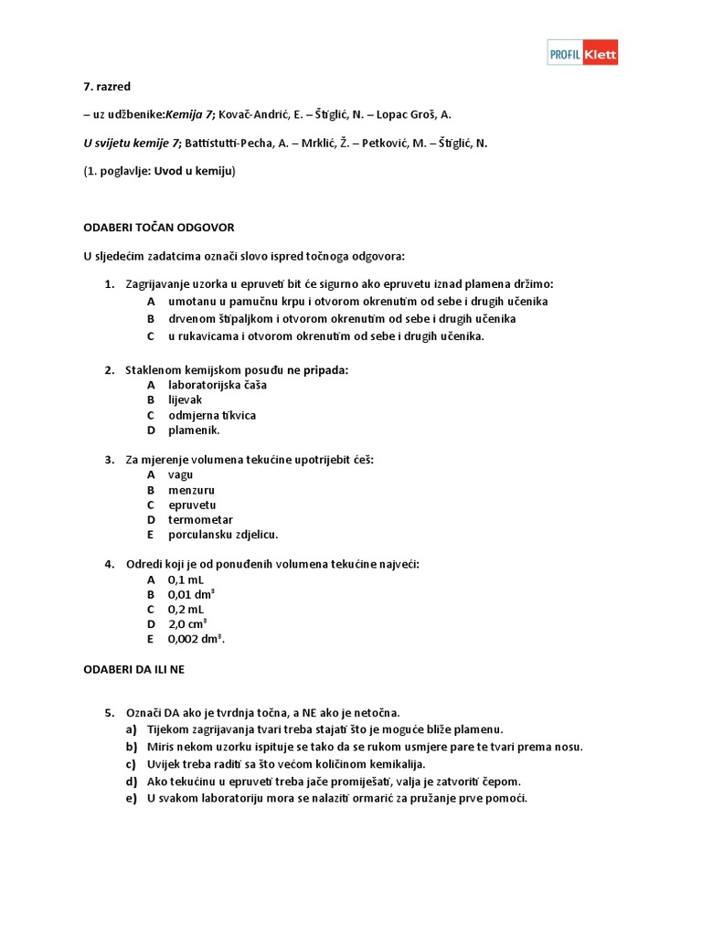 1 Poglavlje Uvod U Kemiju 7 Raz Zadatci | PDF
