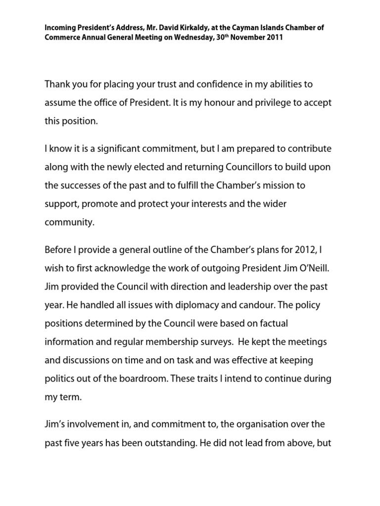 Incoming President's Address, Mr. David Kirkaldy, at The Cayman Islands ...