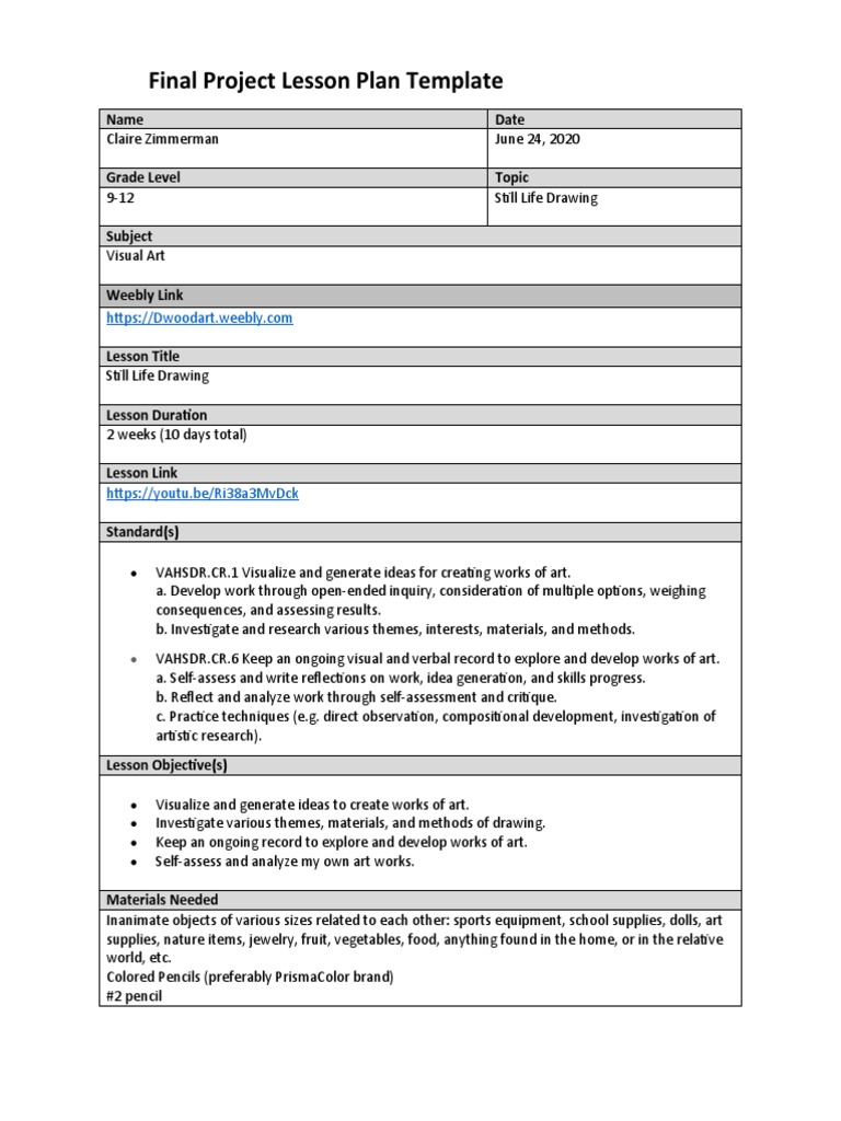 Edu620 Final Project Lesson Plan Template | PDF | Drawing | Lesson Plan