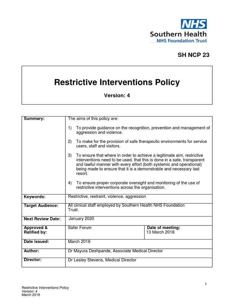 Restrictive Interventions Policy V4 April 2018 | PDF | Risk | Risk ...