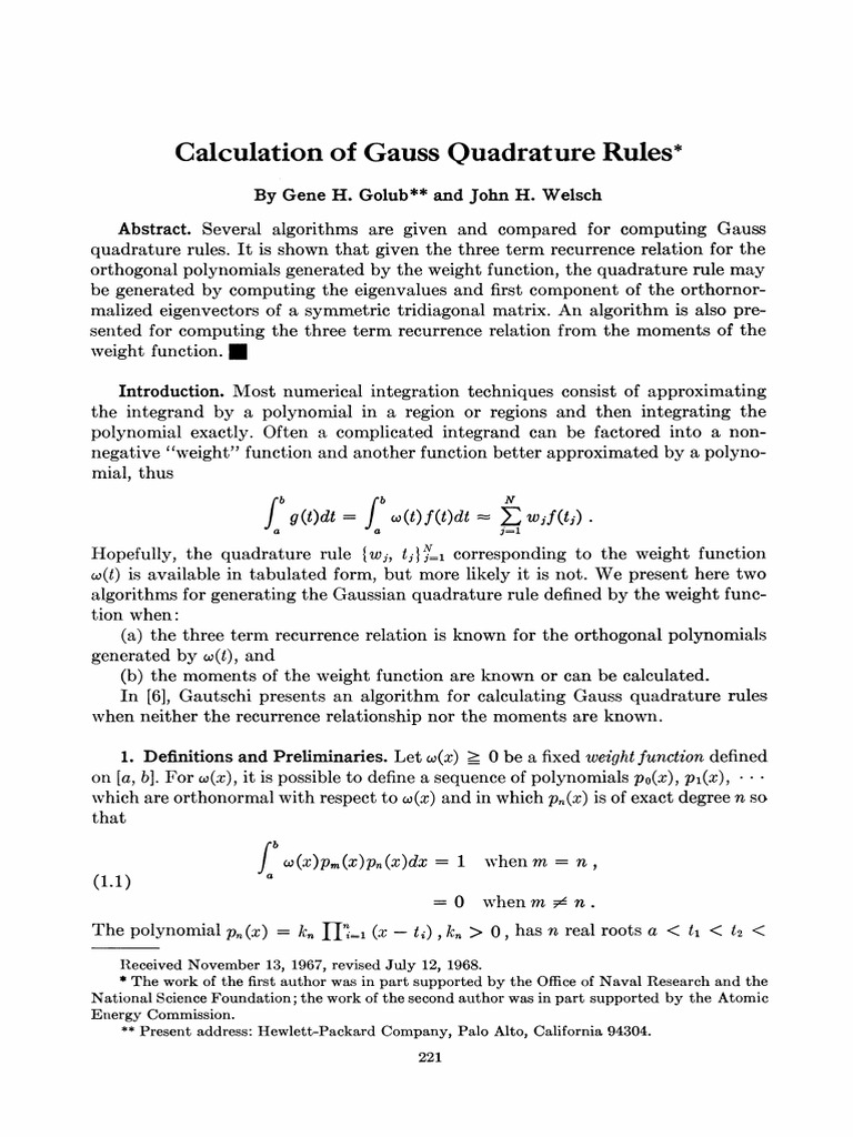 Calculation of Gauss Quadrature Rules : by Gene H. Golub and John H ...